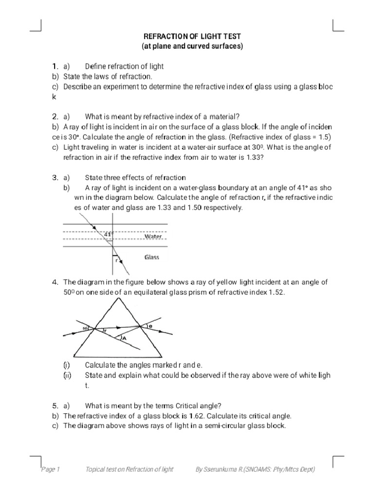 Refraction of Light Test - Phoenix | PDF