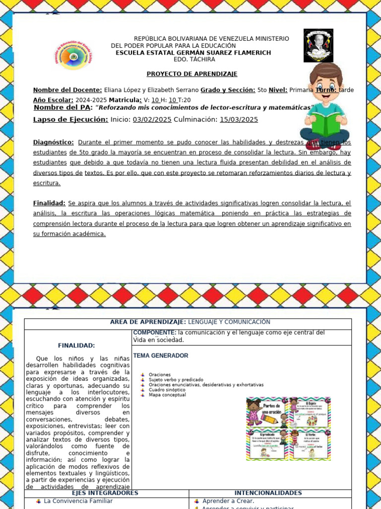 Proyecto de Aprendizaje: Lectura y Matemáticas | PDF | Aprendizaje ...