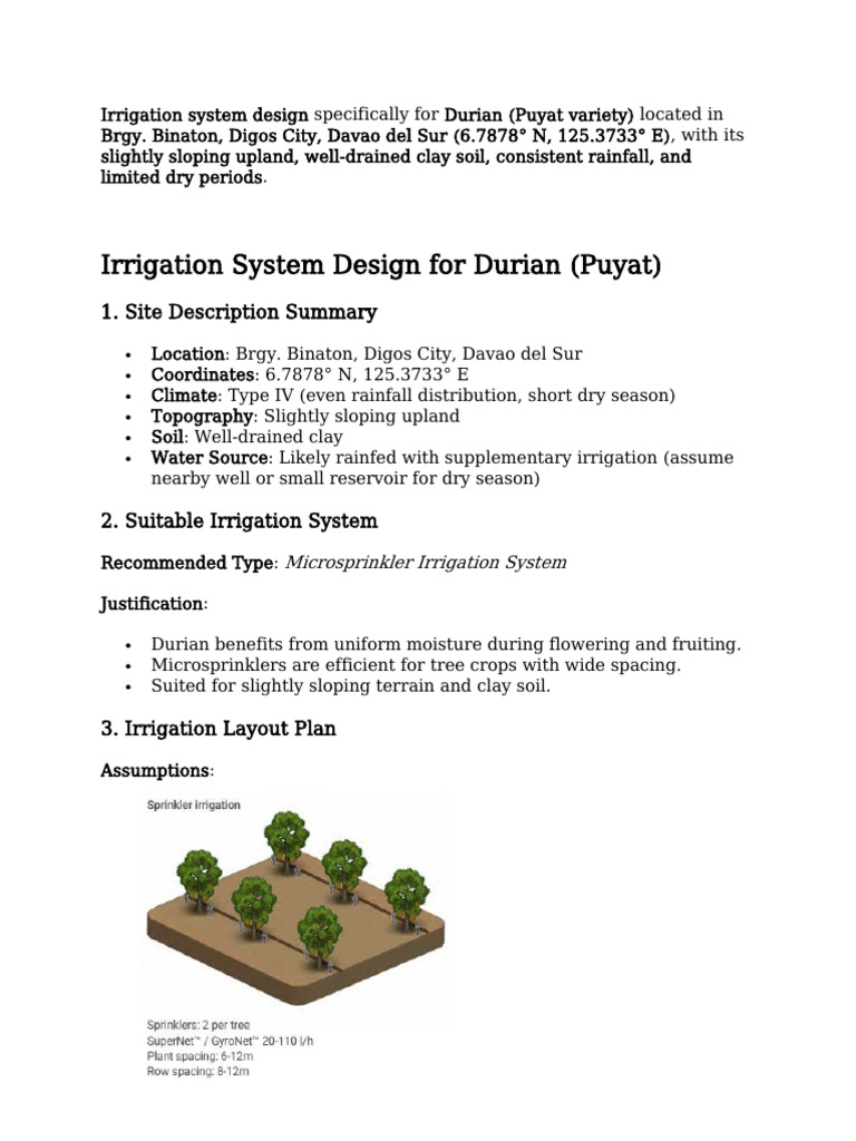 Irrigation System Design Specifically For Durian | PDF | Irrigation | Pump
