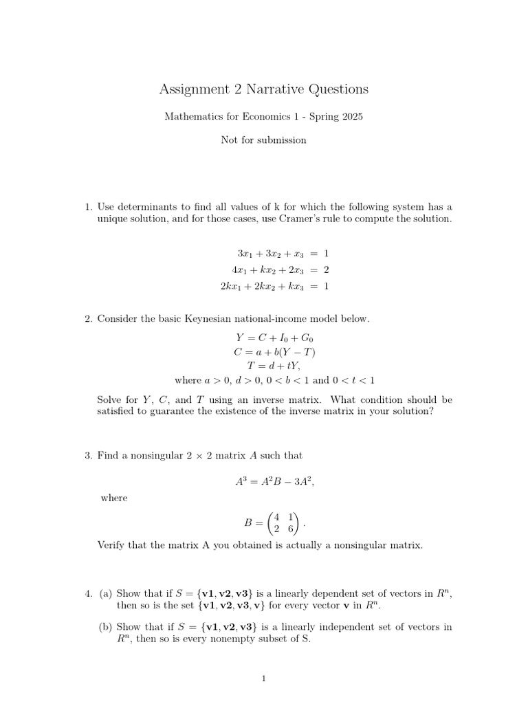 Assignment 2 Narrative Questions Spring 2025 | PDF | Mathematics | Matrix Theory
