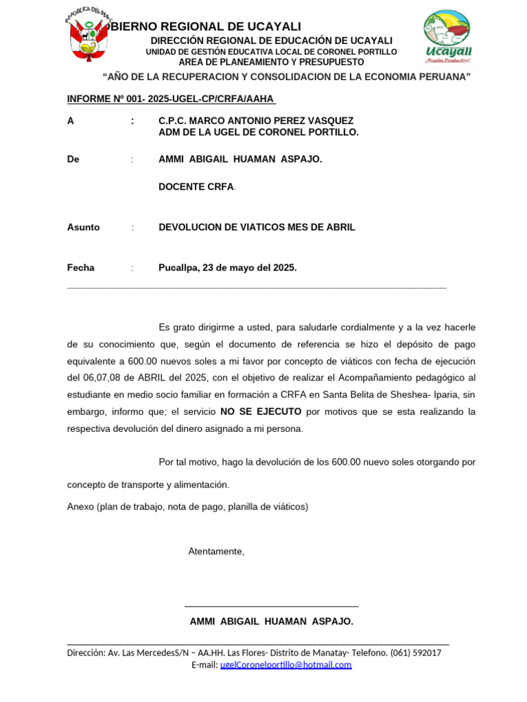 Informe Devolucion de Viaticos | PDF