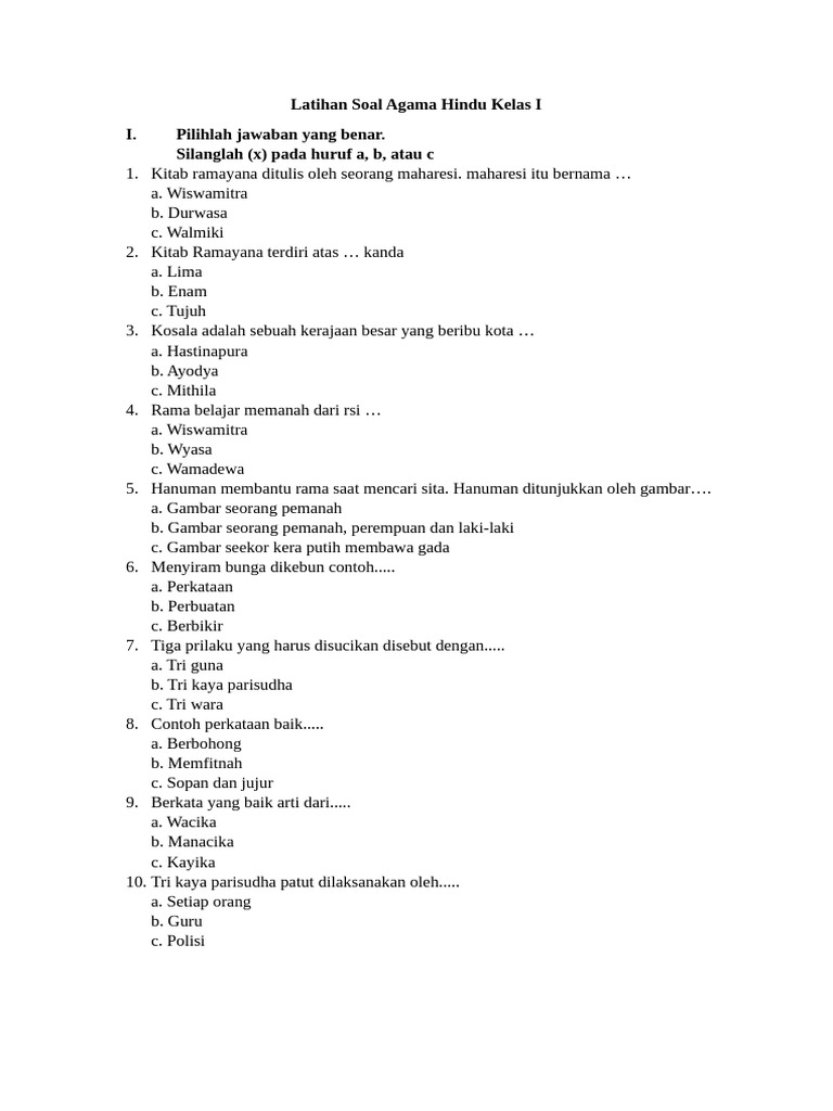 Latihan Soal Agama Hindu Kelas I | PDF