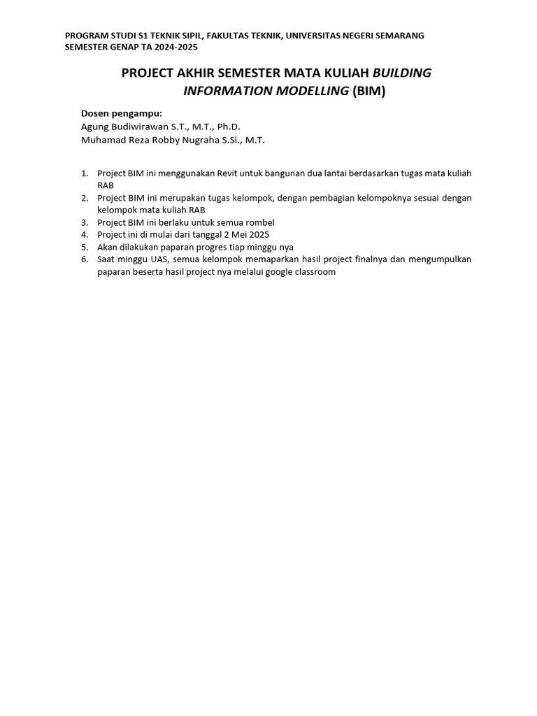 Project Akhir Semester Bim Revit Ts Unnes 2 2025 | PDF