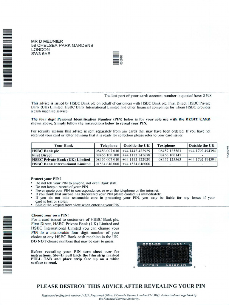 2012 - 08 HSBC David Visa Debit Card | PDF | Personal Identification ...