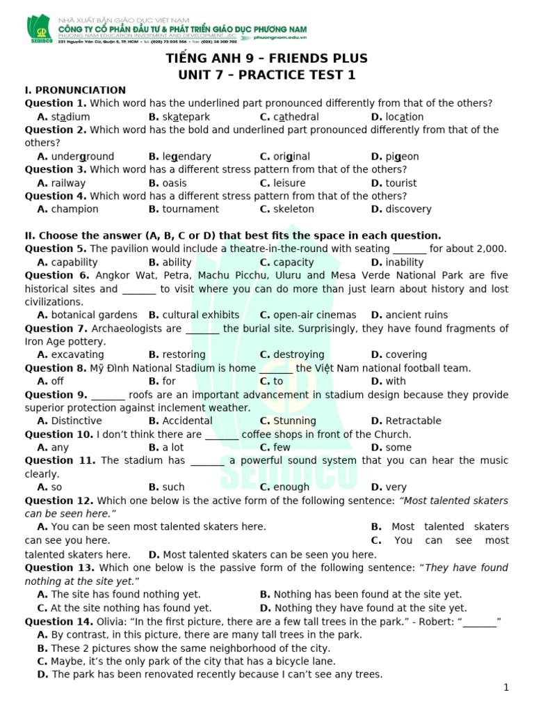 TA 9 Friends Plus Unit 7 Practice Test 1 (Revised) | PDF