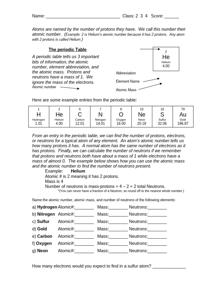 Chemistry Periodic Table Worksheet | PDF | Atoms | Proton