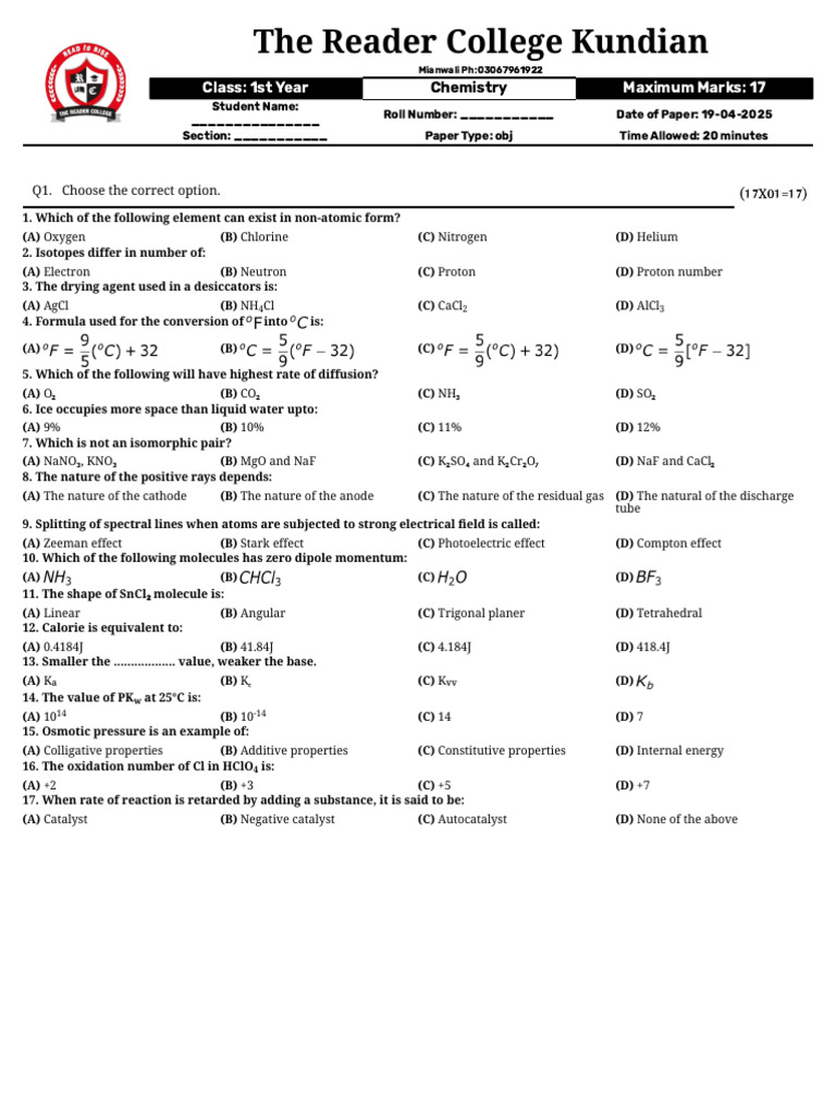 Chemistry Quiz for 1st Year Students | PDF | Proton | Atoms