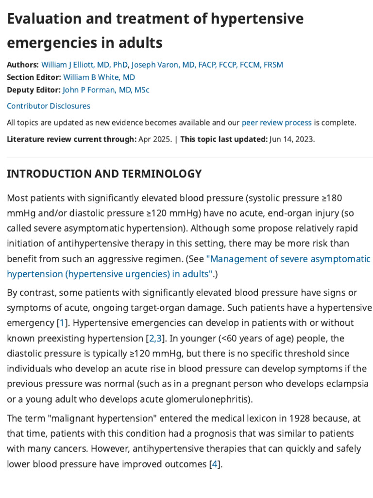 Hypertensive Emergencies: Evaluation & Treatment | PDF | Hypertension ...