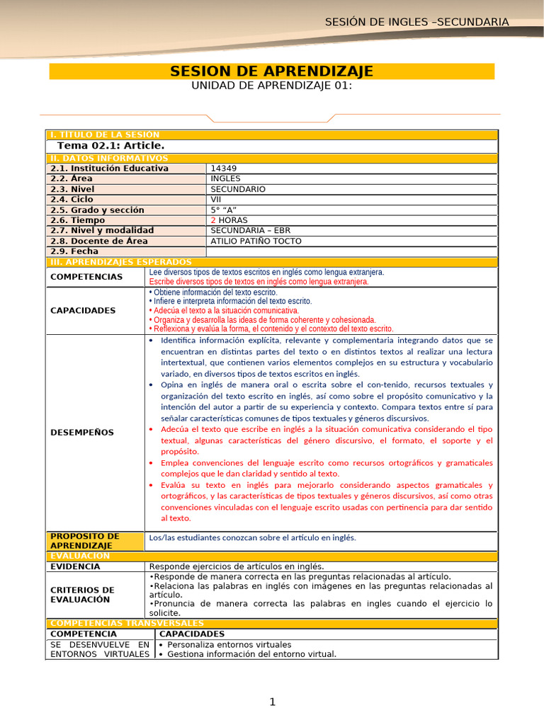 5° Sec. Sesion Actv 02.1 Ingles 2025 | PDF | Evaluación | Aprendizaje