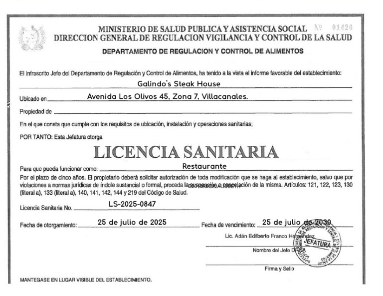 Licencia Sanitaria ejemplo | PDF
