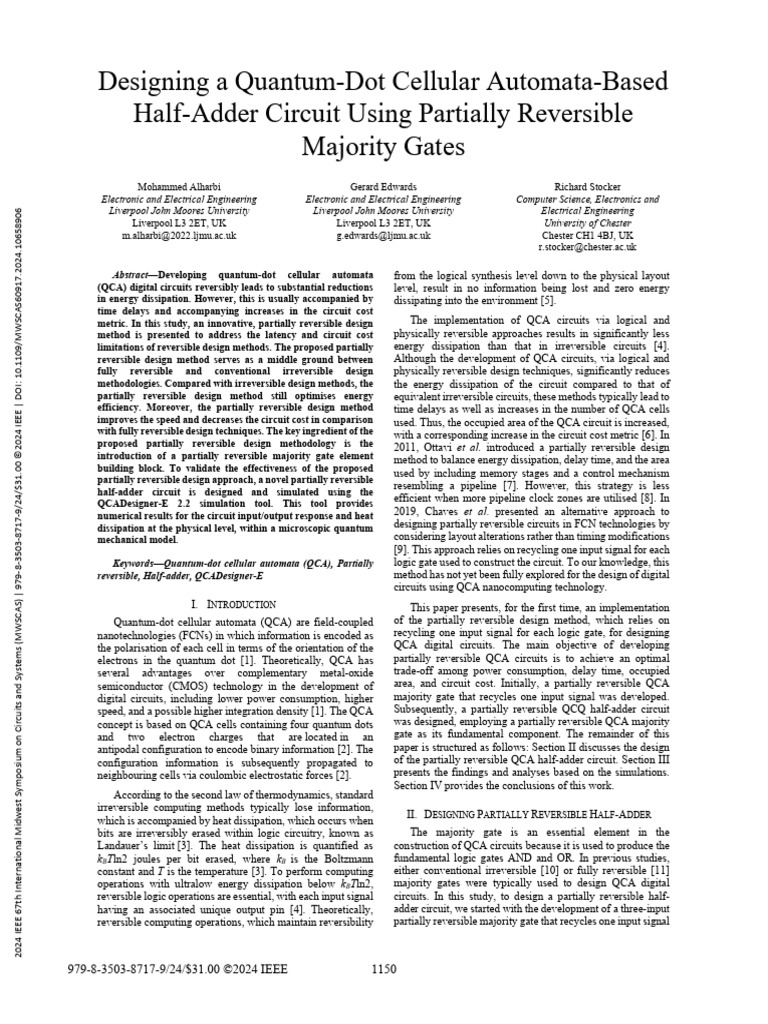 Designing A Quantum-Dot Cellular Automata-Based Half-Adder Circuit Using Partially Reversible ...