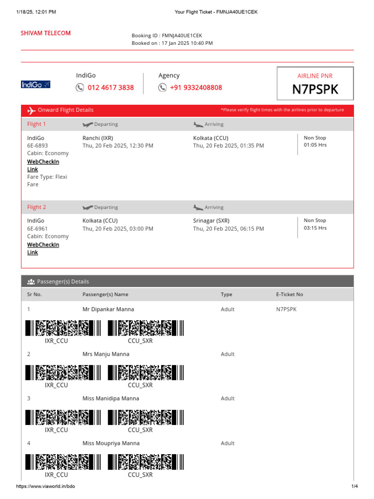 Ranchi To Srinagar 20feb | PDF | Baggage | Aviation