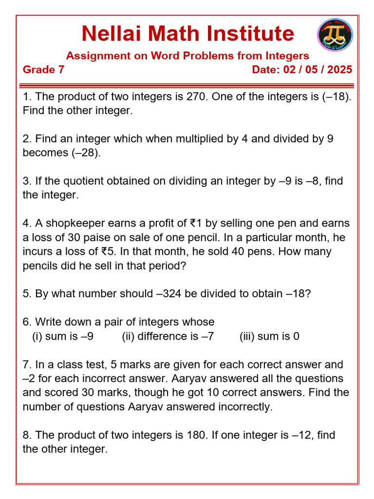 Assignment On Word Problems From Integers | PDF