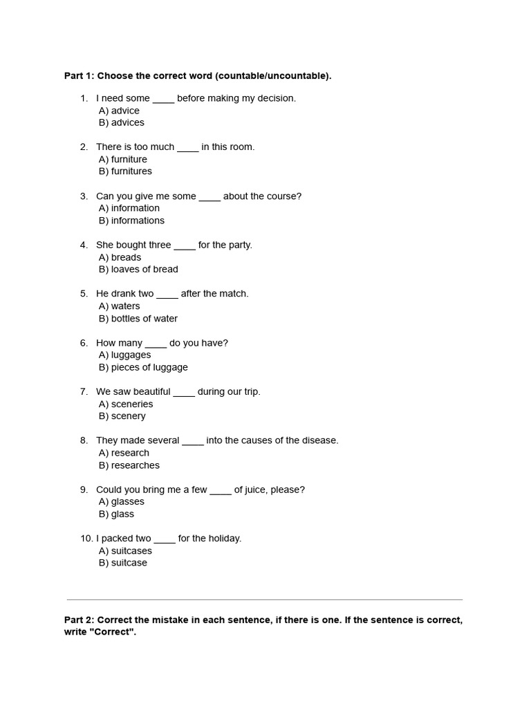 Countable vs Uncountable Nouns Quiz | PDF | Linguistic Typology ...