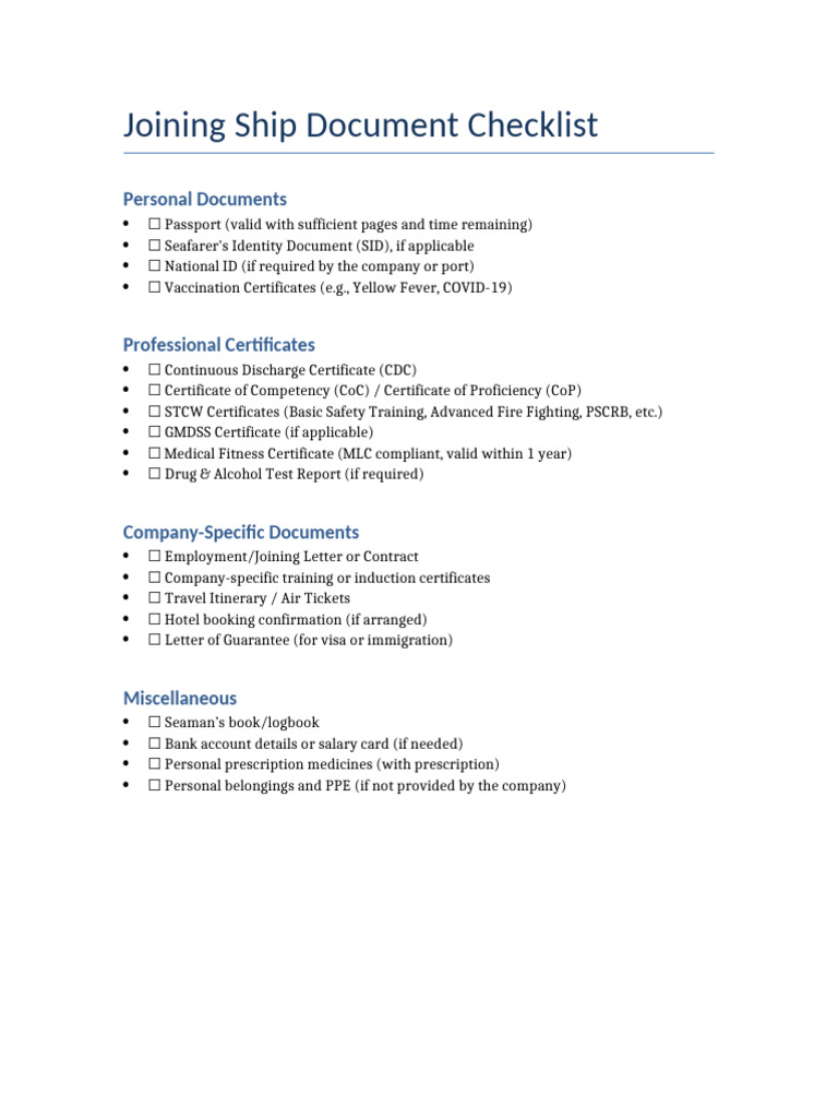 Joining Ship Document Checklist | PDF