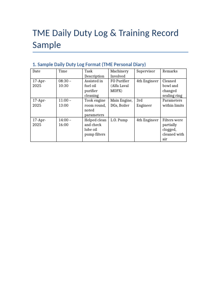 TME Daily Log and Training Record Sample | PDF