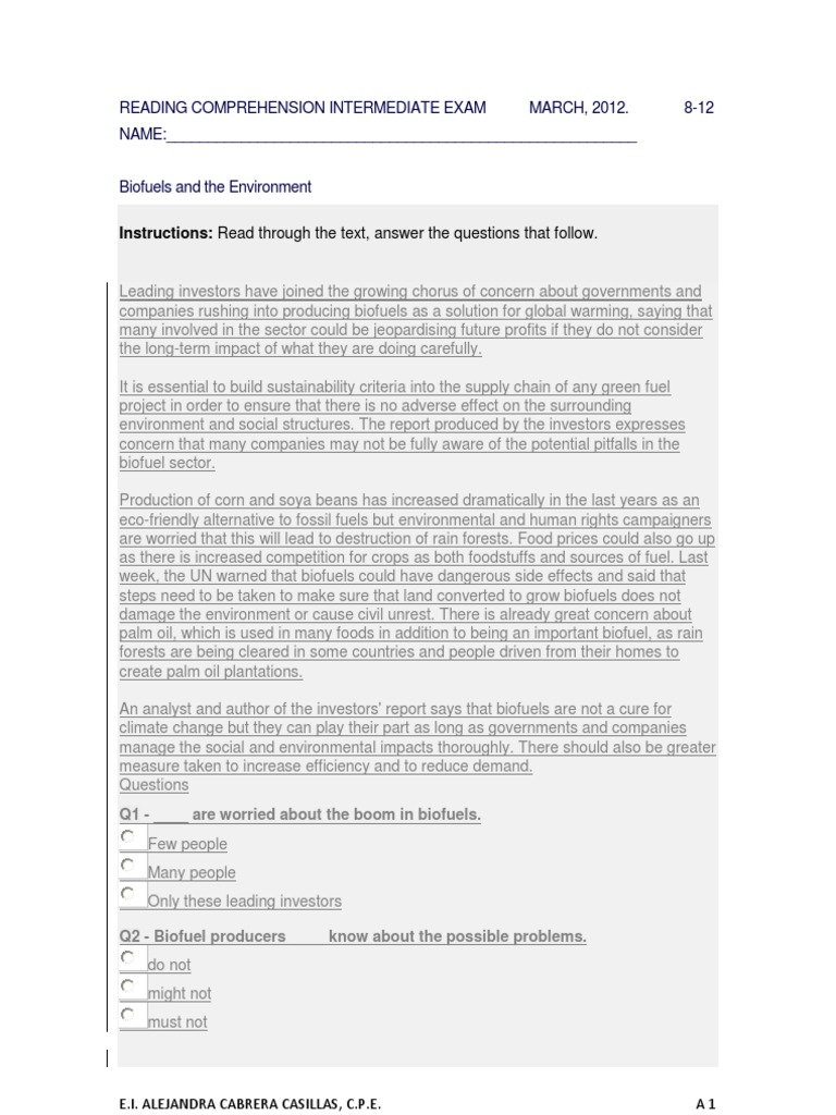 Reading Comprehension Intermediate Exam March | PDF | Biofuel ...