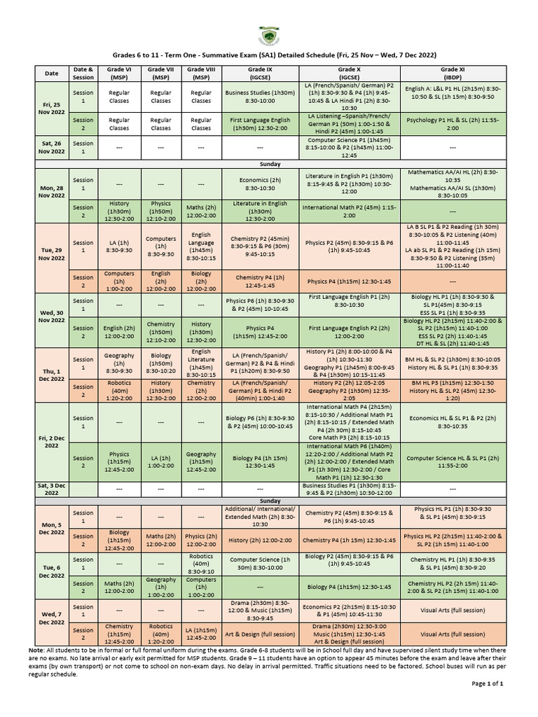 GWH Grades 6 to 11 Term 1 SA Nov-Dec 2022 Detailed Schedule.pdf | PDF | Educational Assessment ...