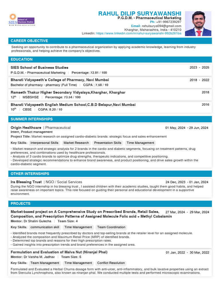 Rahul Dilip Suryawanshi Resume 1 | PDF | Pharmaceutical Sciences | Pharmacology
