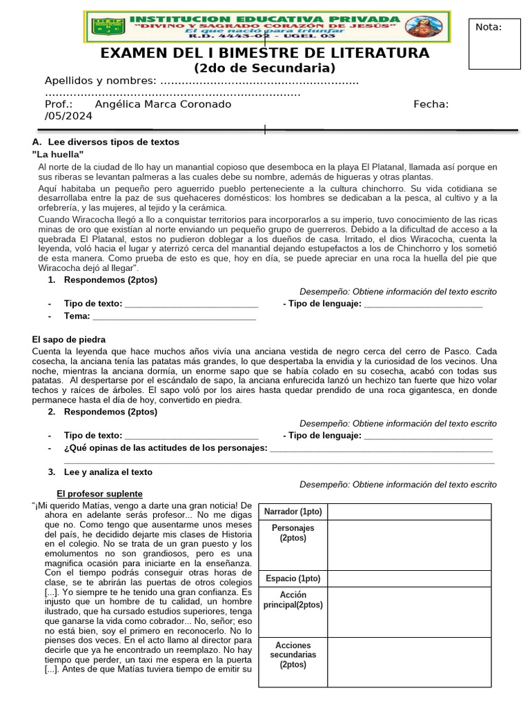 Examen de Literatura 2do Secundaria | PDF
