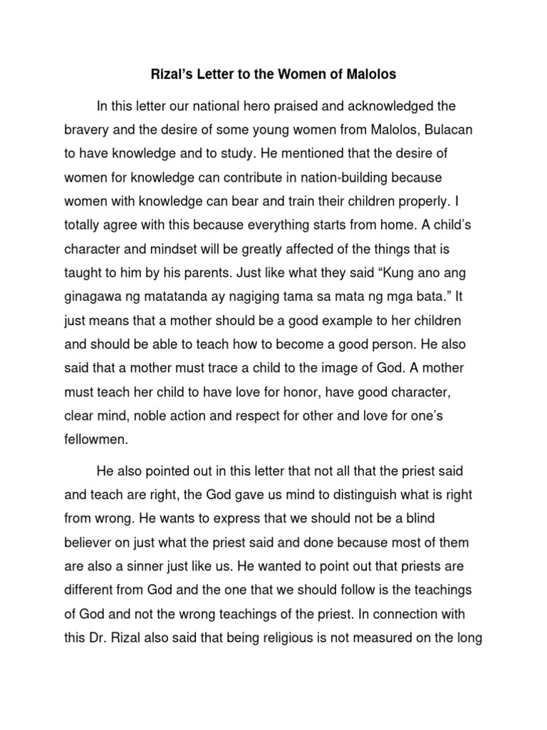 Rizal S Letter To The Women of Malolos | PDF