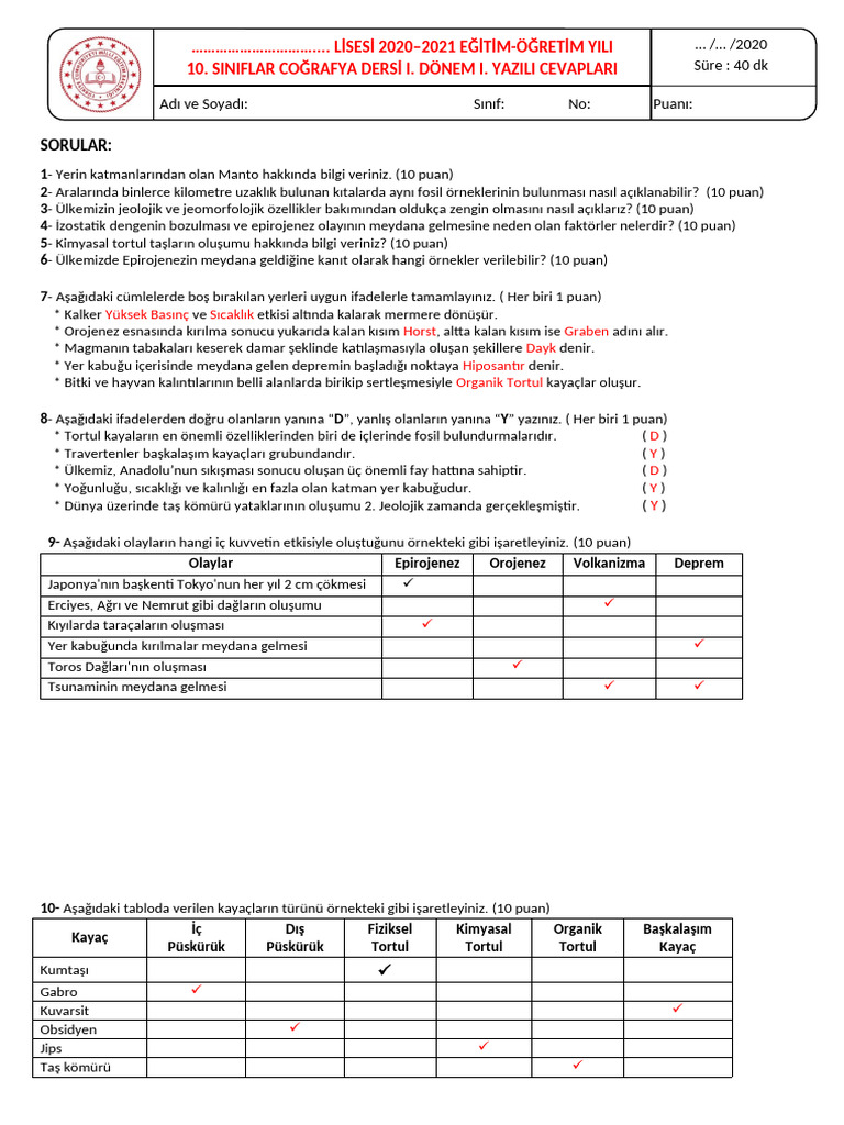 10-Sinif-1-Donem-1-Yazili-cevap-anahtari-2021 | PDF