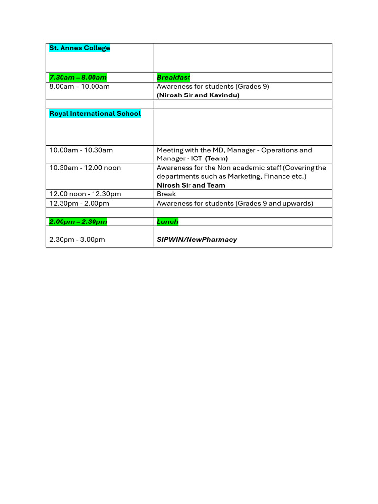 4th Oct Schedule | PDF