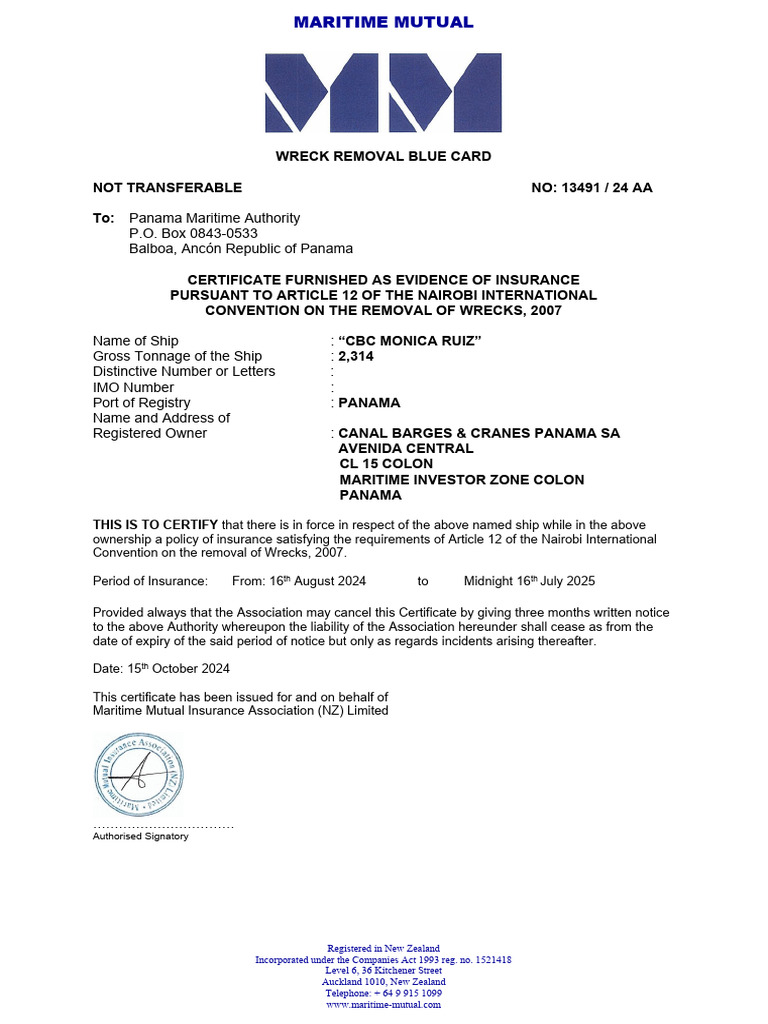 Wreck Removal Insurance Certificate | PDF