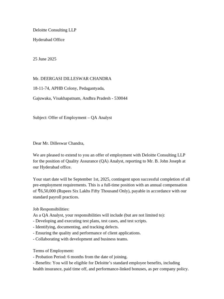 Deloitte QA Analyst Job Offer Letter | PDF