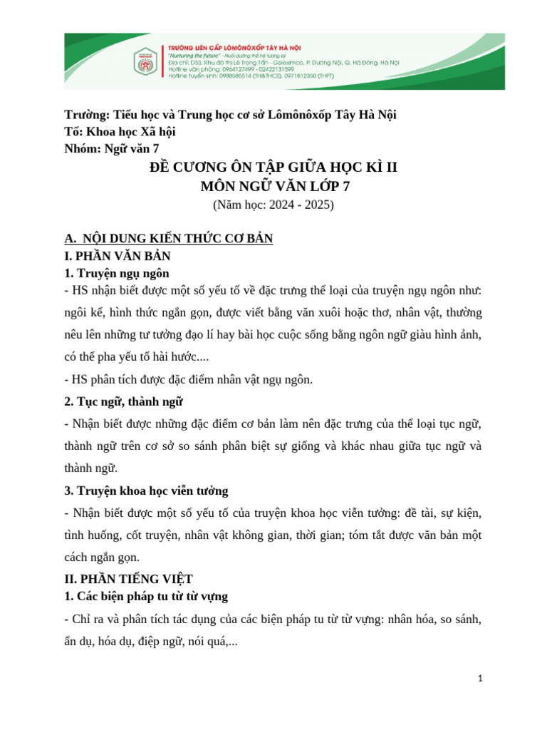 Đề cương giữa HKII - Văn 7 banchot | PDF