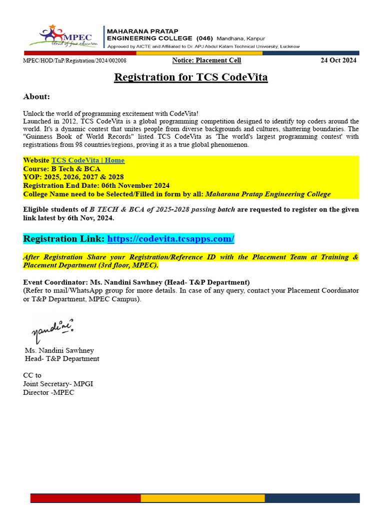TCS - CodeVita - 2025 - 2026 - 2027 - 2028 - Notice | PDF