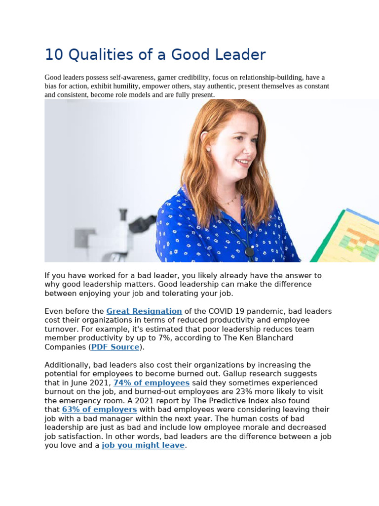 10 Qualities of A Good Leader | PDF | Leadership | Credibility