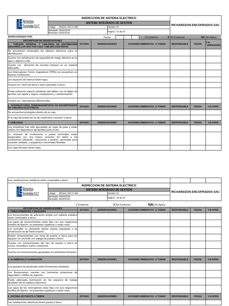 RESAC-SST-F-005 - Inspeccion de Sistemas Eléctricos v1 05.02.2018 | PDF ...