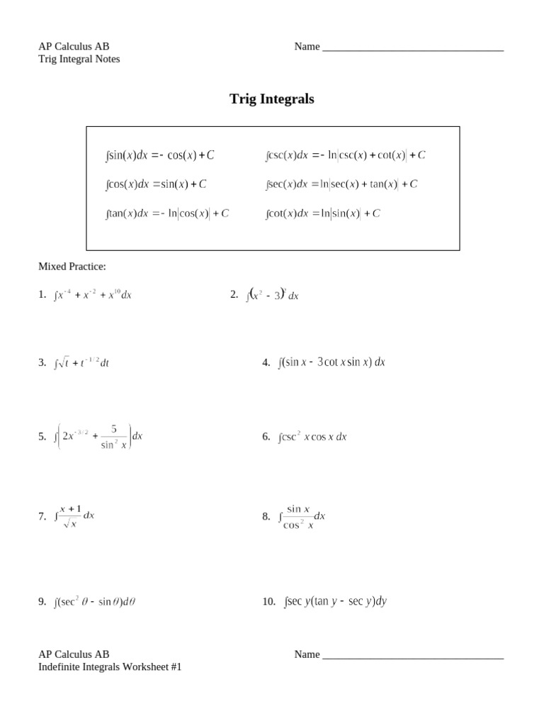 Trig Integrals Practice Worksheet | PDF