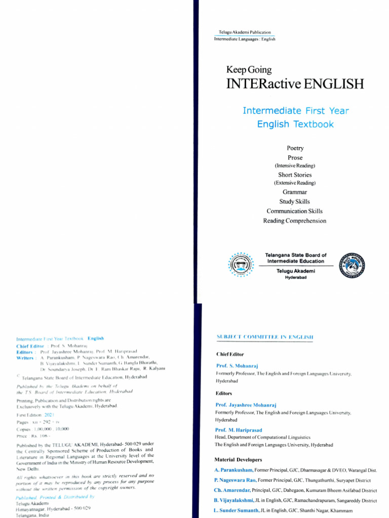 Intermediate First Year English Textbook 2021-22 | PDF