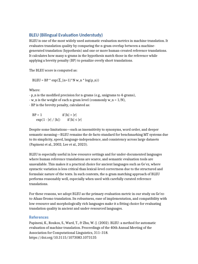BLEU Score: Evaluating Translation Quality | PDF