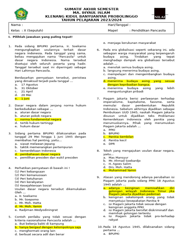Soal Kelas X Pendidikan Pancasila s1 - s2 | PDF
