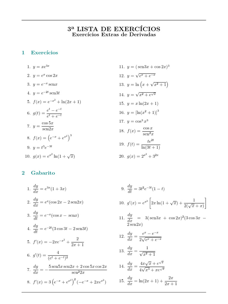 Lista 3 de C Lculo I Exerc Cios Extras 2025 1 | PDF