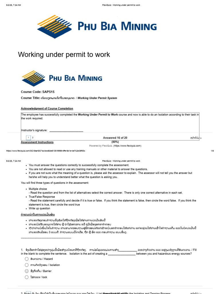 FlexiQuiz - Working Under Permit To Work | PDF