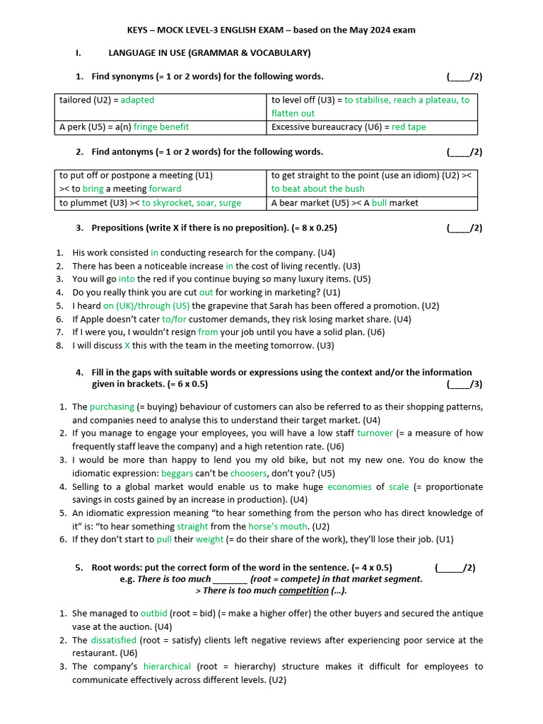 Mock Exam May 2024 - KEYS | PDF | Linguistics