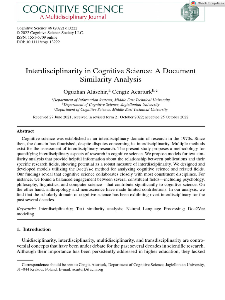 Cognitive Science - 2022 - Alasehir - Interdisciplinarity in Cognitive Science A Document ...