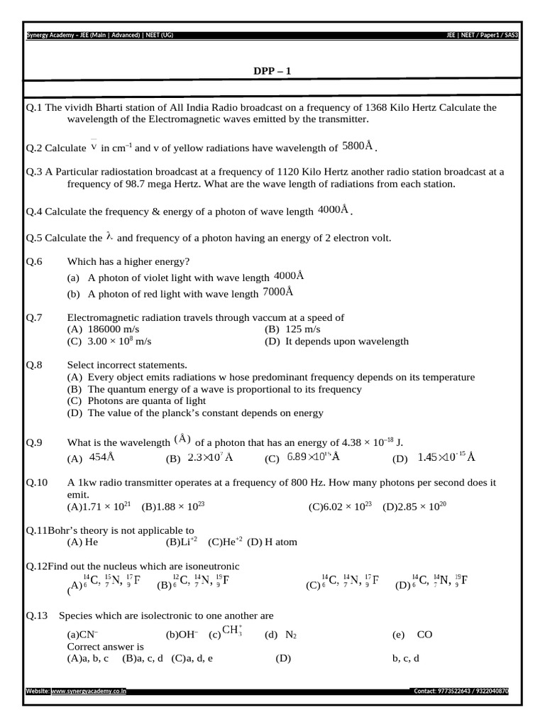 Chemist - DPP FINAL 1 Question paper | PDF | Photon | Electromagnetic Radiation