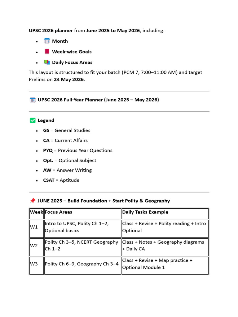 UPSC 2026 Planner From June 2025 To May 2026 | PDF