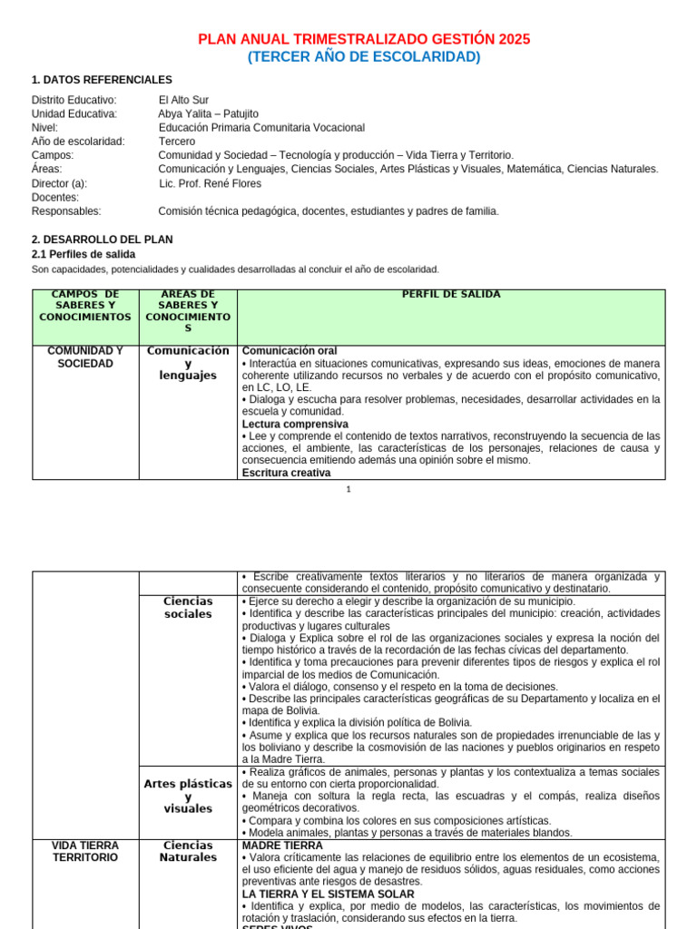 Plan Anual 2025: Patujito 3ro Primaria | PDF | Sustracción | Comunicación