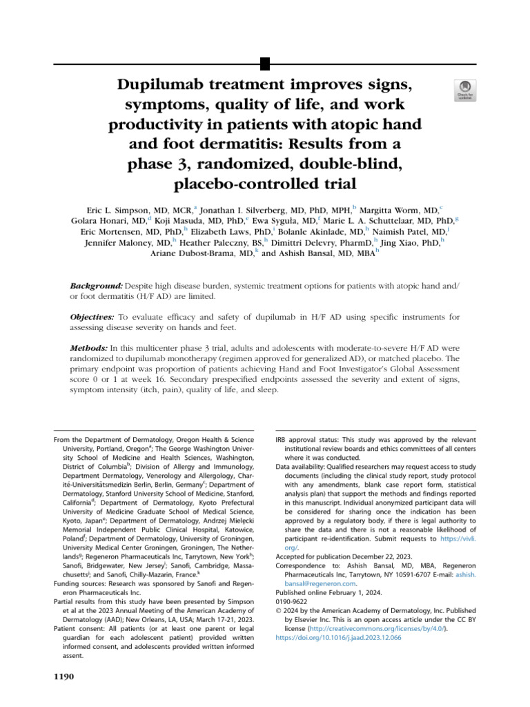 Dupilumab Efficacy in Atopic Hand Dermatitis | PDF | Dermatitis ...