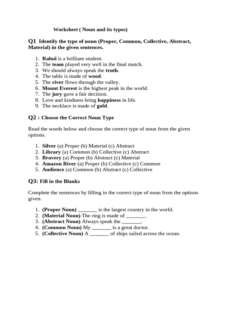 Noun Types Identification Worksheet | PDF