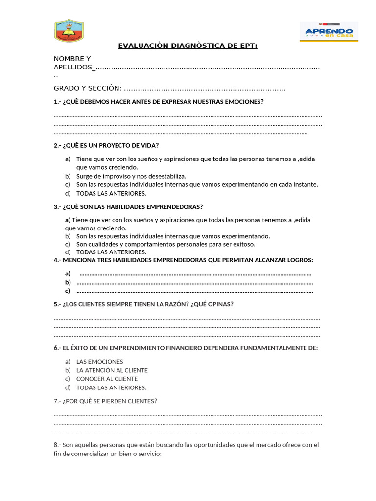 Evaluaciòn Diagnòstica de Ept | PDF