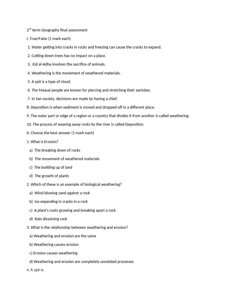 Geography Final Assessment Guide | PDF | Weathering | Erosion