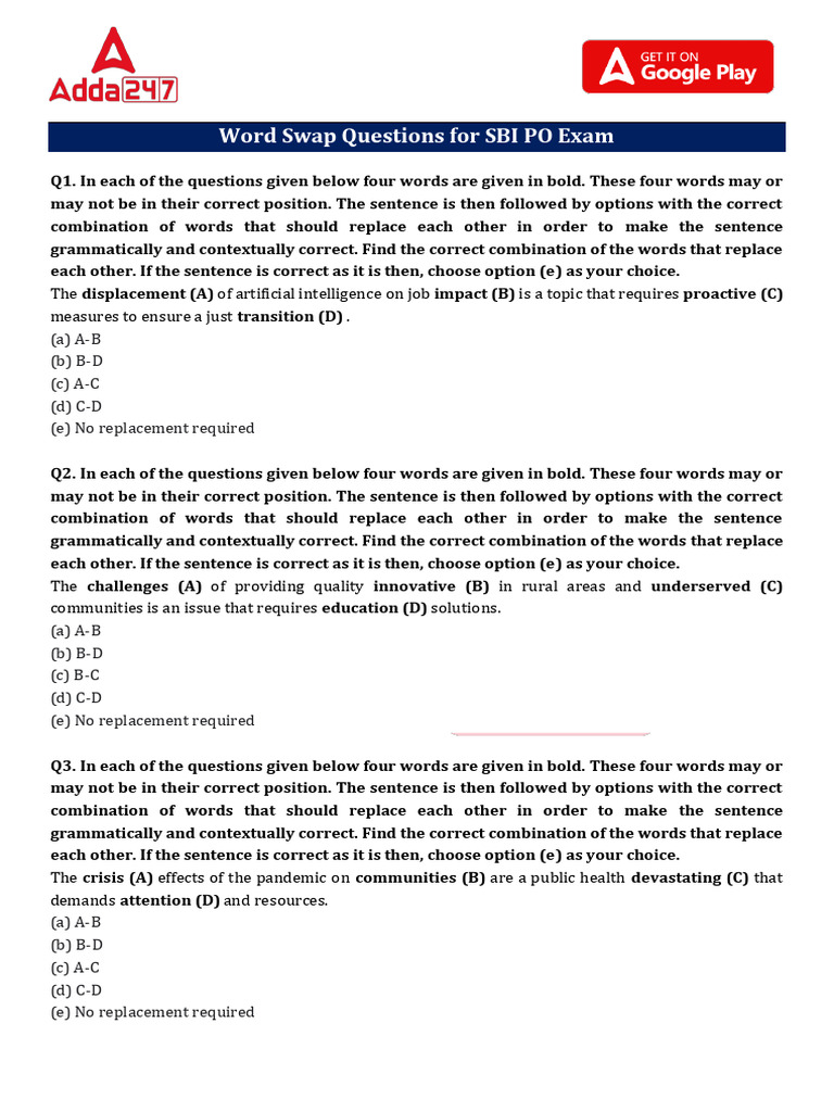Word Swap For SBI PO Exam - Download PDF - 8302 | PDF | Analytics | Goal