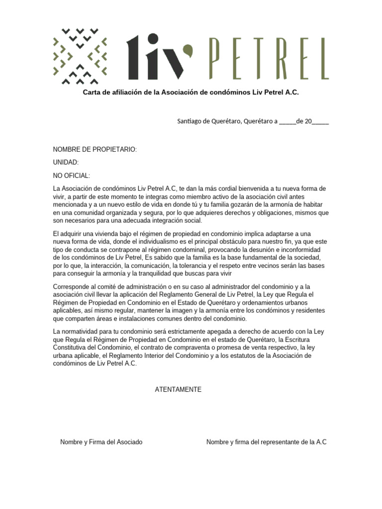 Carta de Afiliaci N de La Asociaci N de Cond Minos Liv Petrel A | PDF